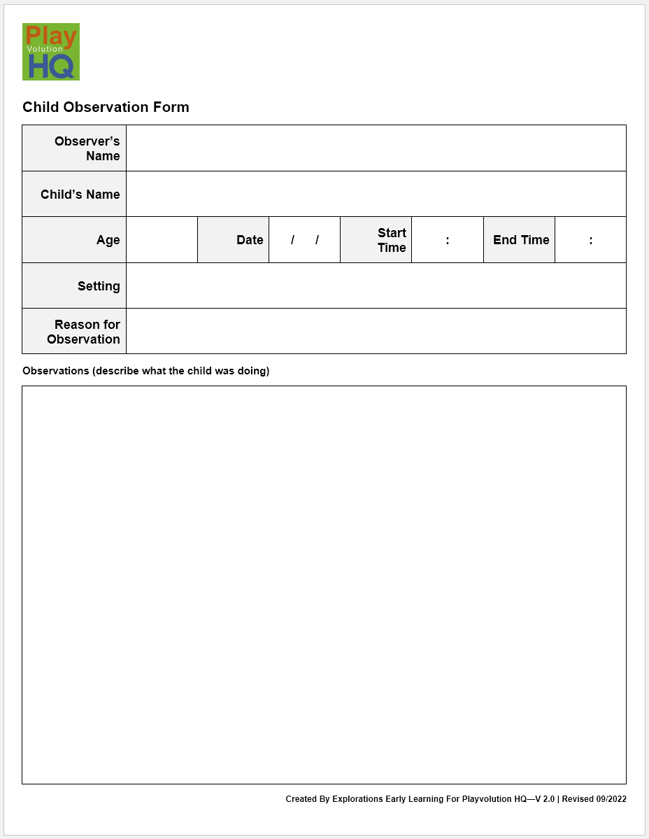 Free Forms | Child Observation Form | Playvolution HQ